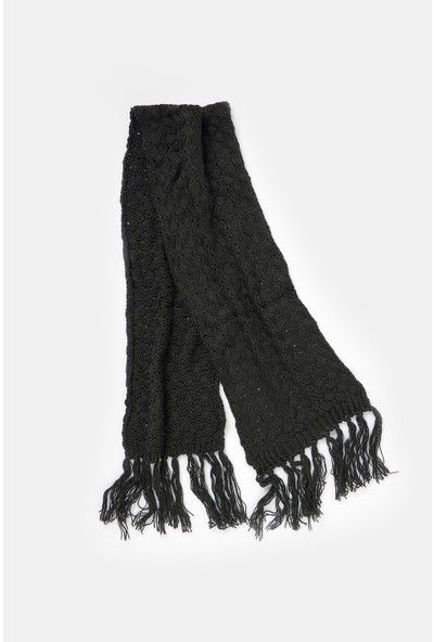 Dagi Siyah Kadın Püsküllü Örgü Atkı