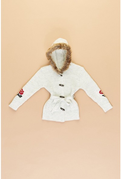 FullaModa Kapüşonu Kürklü Düğmeli Çocuk Triko Hırka