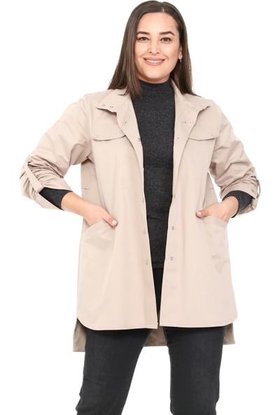Disentis Modest Büyük Beden Yanları Yırtmaçlı Katlamalı Kollu Cepli Çıtçıt Detaylı Taş Rengi Trençkot