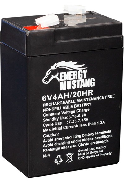 Akü 6 Volt 4 Amper Energy Mustang ( 70 x 48 x 101 mm ) (Işıldak Aküsü)