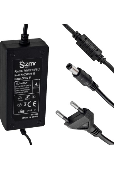 Zmr Zmr-Pa-03 12 Volt - 3 Amper Plastik Kasa Masaüstü Adaptör 5.5*2.5 Uç Iki Ucu Kablolu