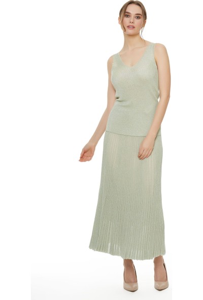 GIZIA Metalik Mint Yeşili Triko Plise Midi Boy Etek GIZIA Metalik Mint Yeşili Triko Plise Midi Boy Etek