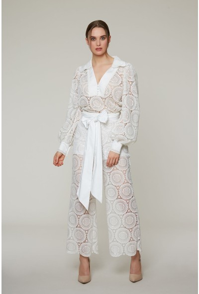 GIZIA Işlemeli Dantel Kuşaklı Bilek Boy Pantolon