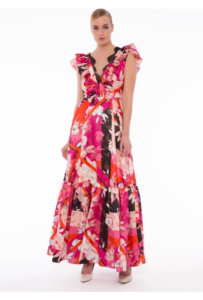 GIZIA Dantel ve Volan Detaylı Çiçekli Uzun Elbise