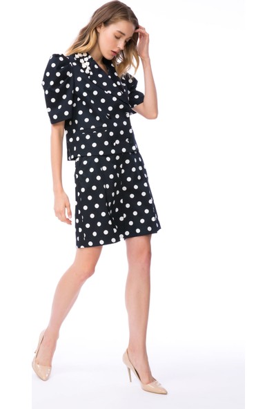 Puantiye Desenli Yüksel Bel Lacivert Plili Şort