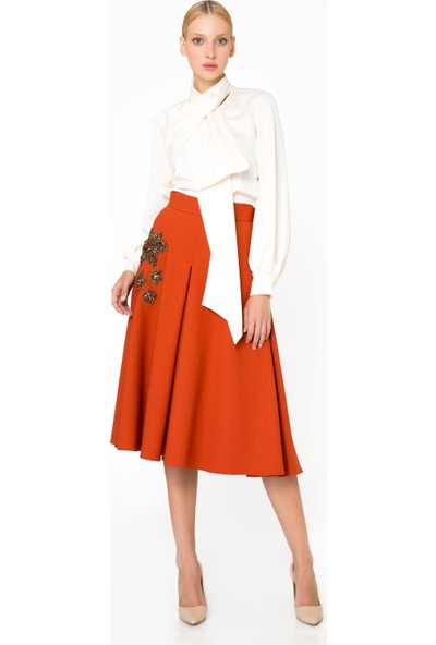 GIZIA Taş Işleme Detaylı Turuncu Midi Boy Etek