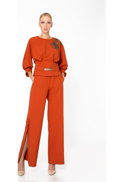 GIZIA Yırtmaçlı Geniş Paça Turuncu Pantolon