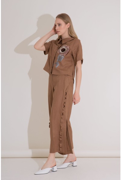 GIZIA Yüksek Bel, Fırfır Detaylı Geniş Paça, Yırtmaçlı Keten Pantolon