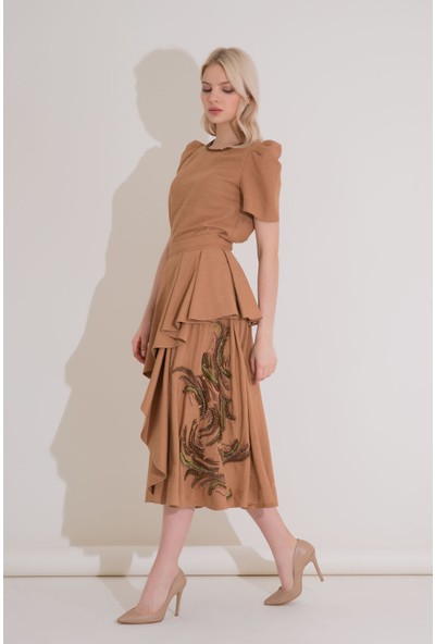 Nakış Detaylı Katlı Pilili Viskon Keten Midi Boy Etek