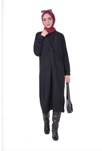 Muslo Kadın Siyah Önden Bağlamalı Uzun Hırka