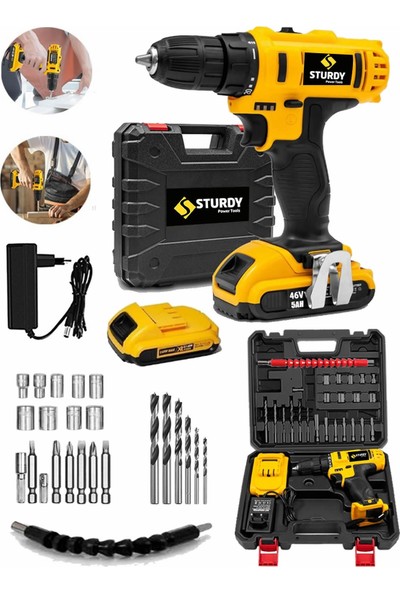 Sturdy 46VF 5mah Lityum Çift Akülü Sarjlı Vidalama Matkap New Seri Uzun Ömürlü Kullanım 27 Parça Setli Sturdy 46VF 5mah Lityum Çift Akülü Sarjlı Vidalama Matkap New Seri Uzun Ömürlü Kullanım 27 Parça Setli