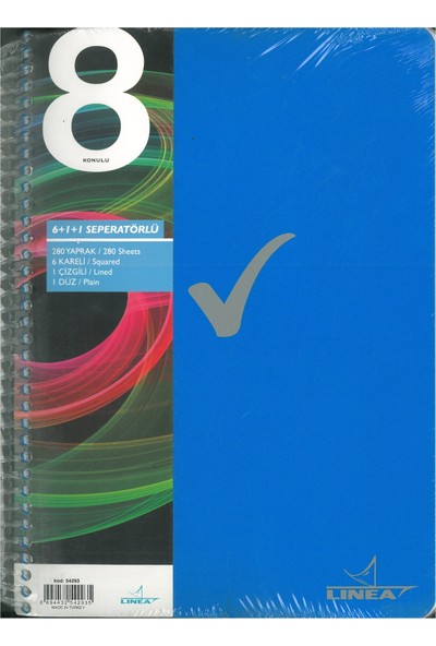 Linea 8 Bölmeli Plastik Kapak Spiralli Seperatörlü Defter 6 Kareli + 1 Çizgili + 1 Düz