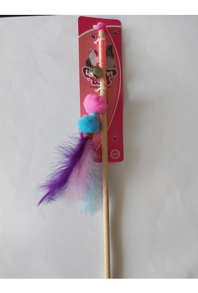 Lazy Pet Toys Ponponlu Tüylü Kedi Olta Kedi Oyuncağı & 40 Cm. Ahşap Saplı [ 1 Adet ]