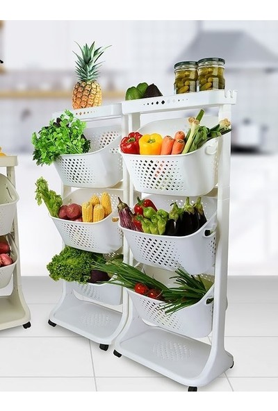 Kastore Beyaz 4 Katlı Tekerlekli Raf - Mutfak - Banyo Rafı Sebze Rafı No.3