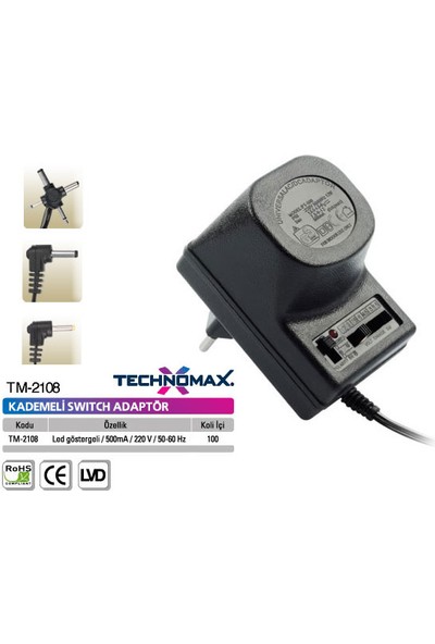 Technomax TM-2108 Adaptör 12V 500MA Kademeli Technomax TM-2108 Adaptör 12V 500MA Kademeli