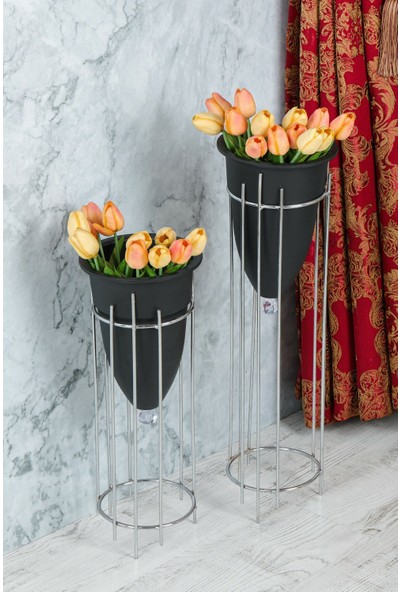 MHK Collection Gümüş Renkli 2'li Büyük Ayaklı Vazo Siyah