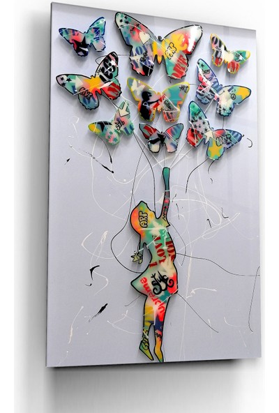 Mor Concept Grafiti Kelebekli Kız Cam Tablo 45 x 70 cm