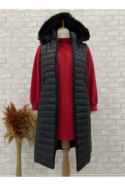 Poriento Kadın Kapüşonlu Siyah Kürklü Uzun Şişme Yelek