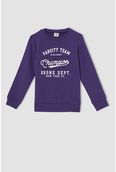 DeFacto Erkek Çocuk Regular Fit Slogan Desenli Bisiklet Yaka İçi Yumuşak Tüylü Sweatshirt V9281A621WN