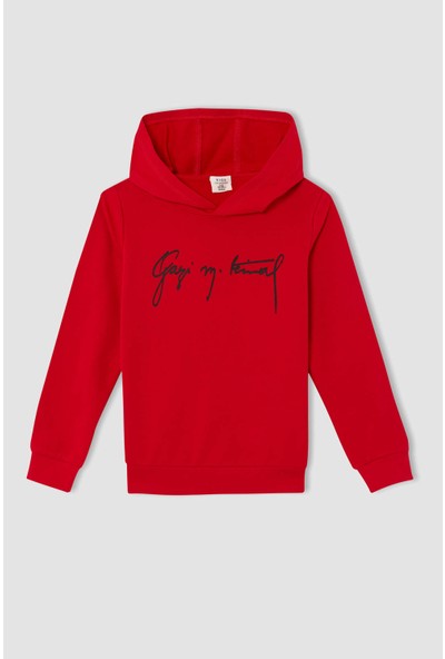 DeFacto Erkek Çocuk 29 Ekim Atatürk Baskılı Kapüşonlu İçi Yumuşak Tüylü Sweatshirt S0199A621WN