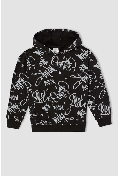 DeFacto Erkek Çocuk Relax Fit Slogan Desenli Kapüşonlu İçi Yumuşak Tüylü Sweatshirt W2067A621WN