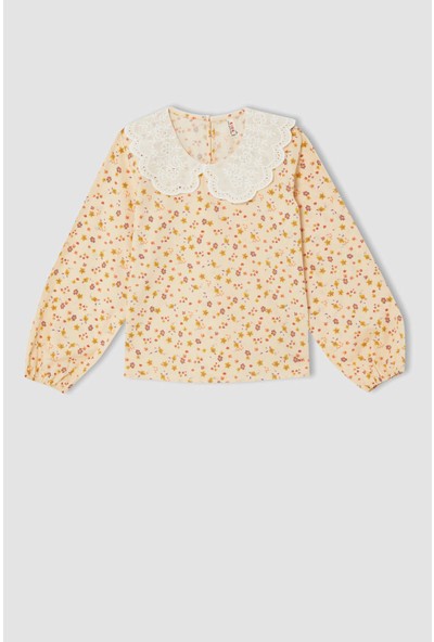DeFacto Kız Çocuk Regular Fit Çiçekli Geniş Yakalı Poplin Bluz W4925A621WN