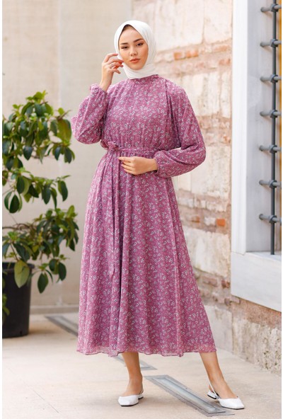 Meqlife Çiçekli Kuşaklı Elbise - Lila