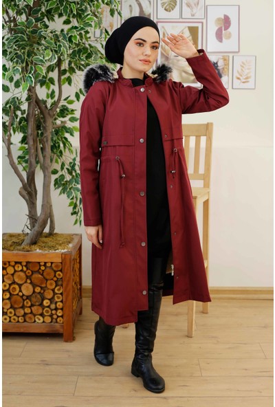 İmaj Butik Büyük Beden Içi Kürklü Kapşonlu Mont/bordo