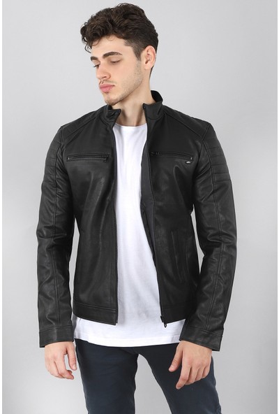 Arlin Erkek Slim Fit Çift Cep Fermuarlı Deri Siyah Mont Arlin Erkek Slim Fit Çift Cep Fermuarlı Deri Siyah Mont