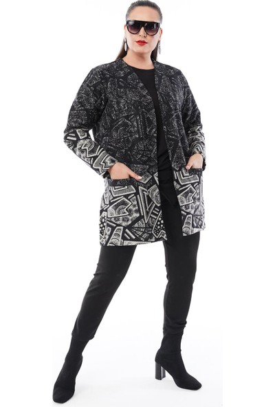 Siyezen Büyük Beden Jakar Kumaş Cepli Midiboy Gri Hırka