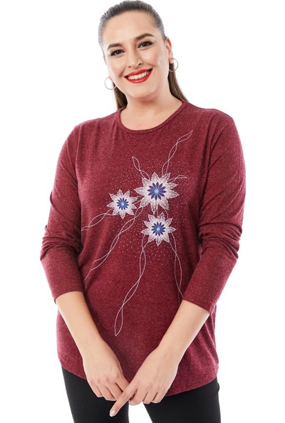 Siyezen Büyük Beden Üç Çiçek Baskılı Bordo Yün Viskon Kazak