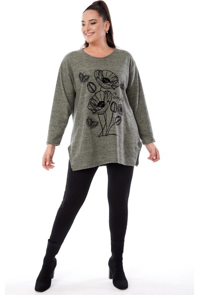 Siyezen Büyük Beden Haki Yeşil Kelebekli Çiçek Baskılı Viskon Kazak