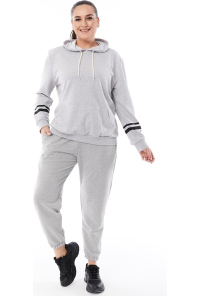 Siyezen Büyük Beden Kapişonlu Kanguru Cepli Çizgili Gri Basic Sweatshirt Siyezen Büyük Beden Kapişonlu Kanguru Cepli Çizgili Gri Basic Sweatshirt