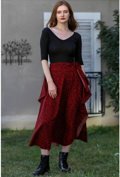 Kasheha Kadın Bordo Asimetrik Kesim Beli Bağlamalı Etek - KAD3325323