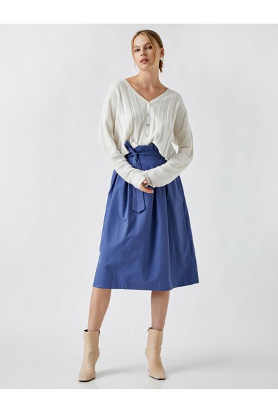 Koton Yüksek Bel Kusakli Pileli Midi Etek