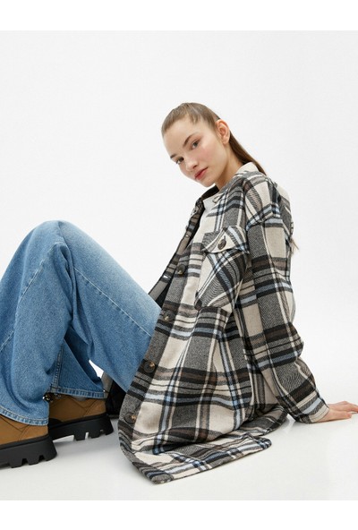 Koton Kadın Ekose Ceket Cepli Uzun
