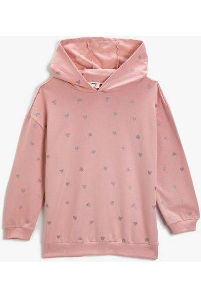 Koton Simli Kalp Baskılı Kapüşonlu Sweatshirt Pamuklu Koton Simli Kalp Baskılı Kapüşonlu Sweatshirt Pamuklu