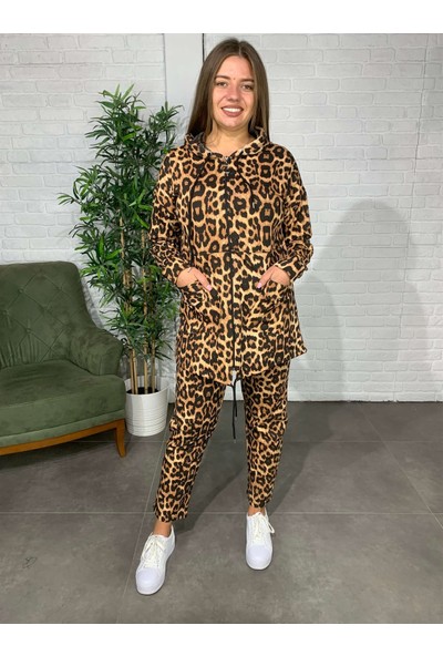 Roxxlen Kadın Leopar Desenli Büyük Beden Tunik Ceket - 4704