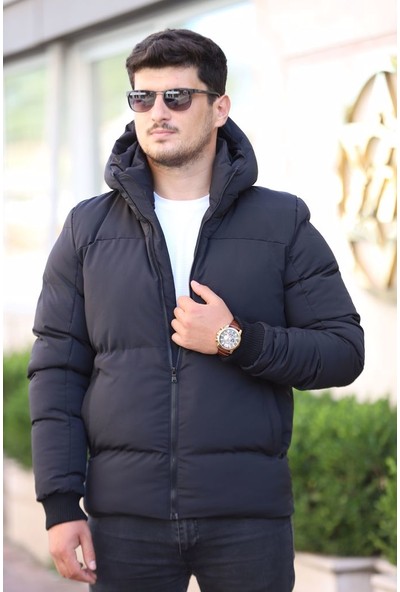Prifaldi Erkek Siyah Kapüşonlu Şişme Mont