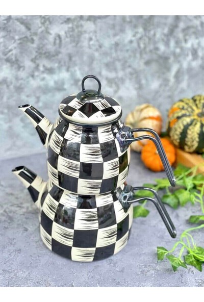 Oms Damalı Emaye Çaydanlık