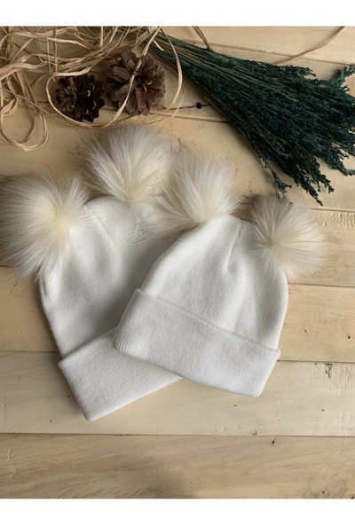 Ekru Beyazı Çift Ponponlu Bere Triko Anne Bebek Bere