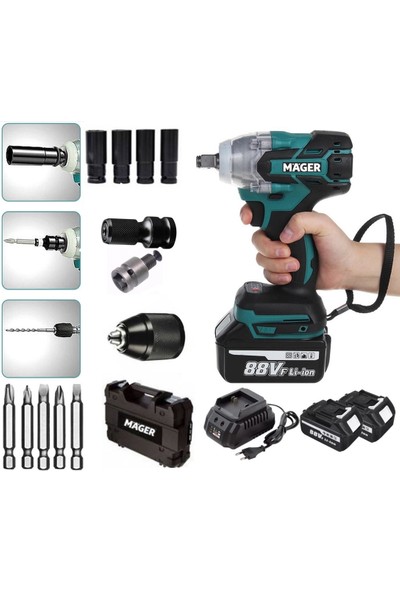 Mager Akülü Somun Sıkma Matkap Full Set Yedek Akülü Çantalı Vidalama Madren Dahil 12 Parça Set