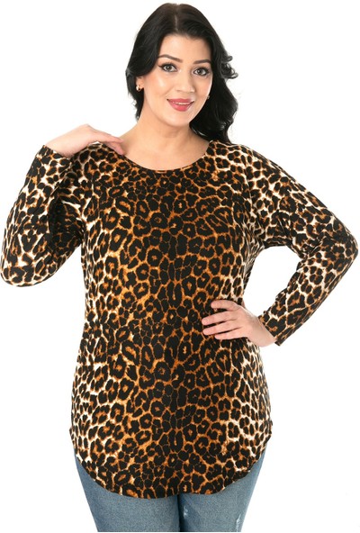 Womenice Kadın Siyah Bisiklet Yaka Geniş Leoparlı Büyük Beden Bluz