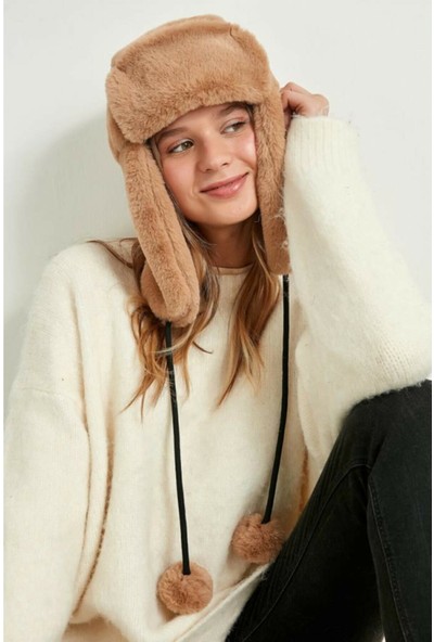 Fellmens Camel Suni Kürklü Kulaklıklı Kadın Şapka