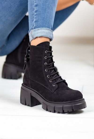 White Line Siyahsüet Kalın Topuklu Kadın Bot