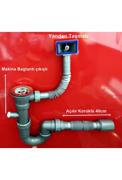 Esli Yandan Taşmalı Makina Çıkışlı Körüklü Eviye Sifonu