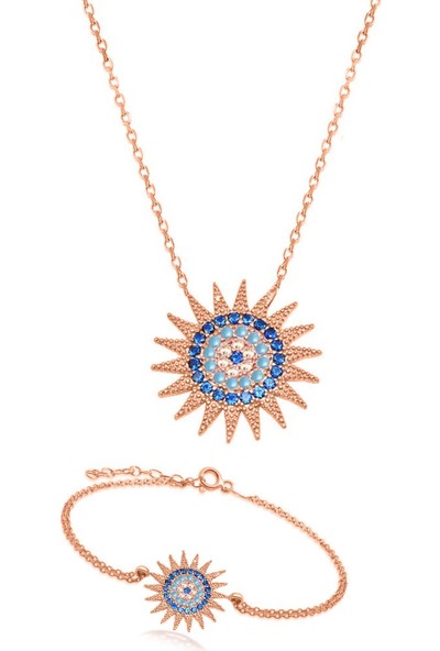 Enes Store 925 Ayar Gümüş Güneş Figürlü Kadın Kolye Bileklik Seti