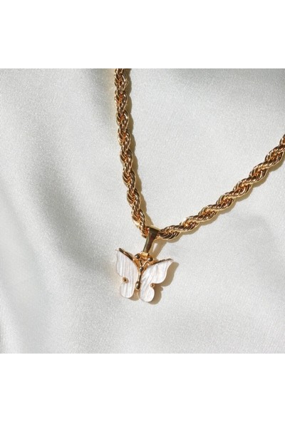Doğu Gümüş Burgu Zincir Beyaz Kelebek Kolye Doğu Gümüş Burgu Zincir Beyaz Kelebek Kolye