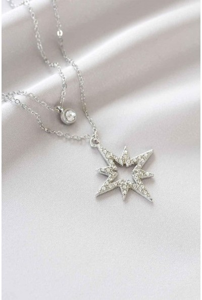 Doğu Gümüş Gümüş Renk Taşlı Kutup Yıldızı Tasarımlı Kadın Kolye