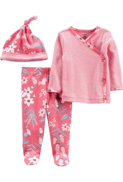 Carter's Kız Bebek 3'lü Çiçek Desemli Body,alt ve Şapka Set